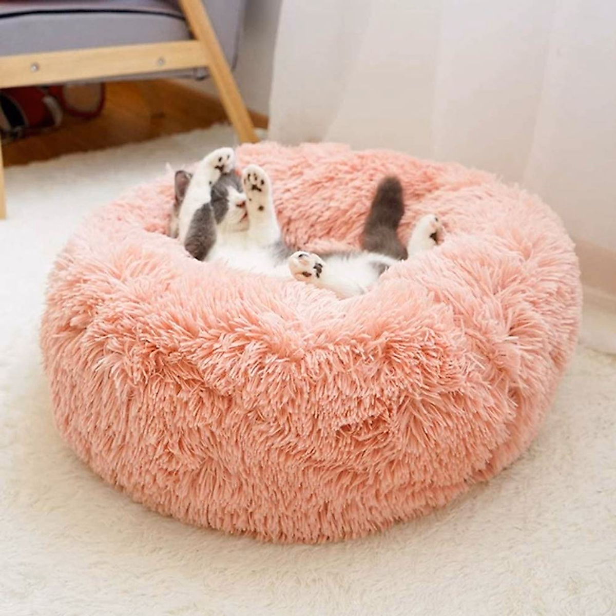 otoez Kitten Puppy Bed Extra Small XS Round Dog Cat Beds Anti Anxiety Plush Pet Calming Donut Bed with Non-Slip Waterproof Bottom, Washable (15.7", Pink)
