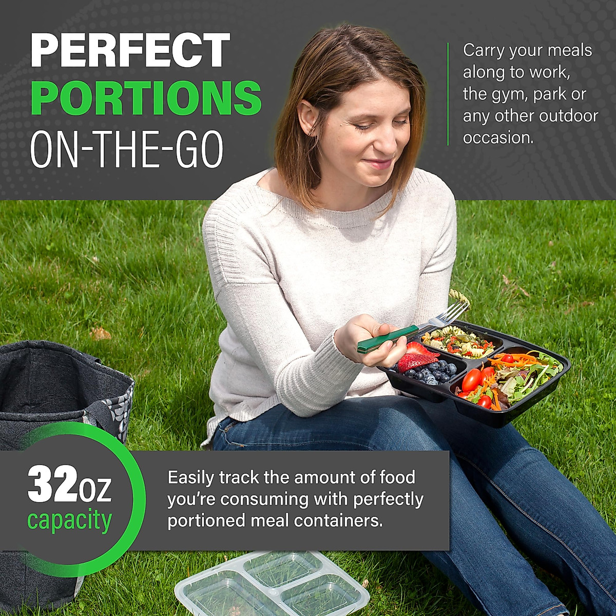 Ez Prepa 15 Pack 32oz 3 Compartment Meal Prep Containers with Lids -Food Storage Containers Plastic, Bento Box, Lunch Containers, Microwavable, Freezer and Dishwasher Safe, Food Containers