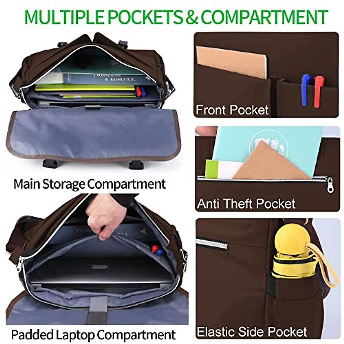 HXLGMD Messenger Bag for Men Women 15.6-17 Inch Laptop Briefcase Water-resistant Computer Shoulder Bag with Water Bottle Pocket, Large Crossbody Satchel Bag Work School Travel, Brown…