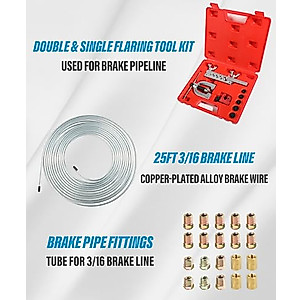 YAKEFLY 25 ft 3/16 Copper Coated Brake Line Kit with 16 Fittings and 4 Unions Brake Line Fittings,Brake Line Double & Single Flaring Tool Kit,Fits for Most Hydraulic Braking Systems (Silver)
