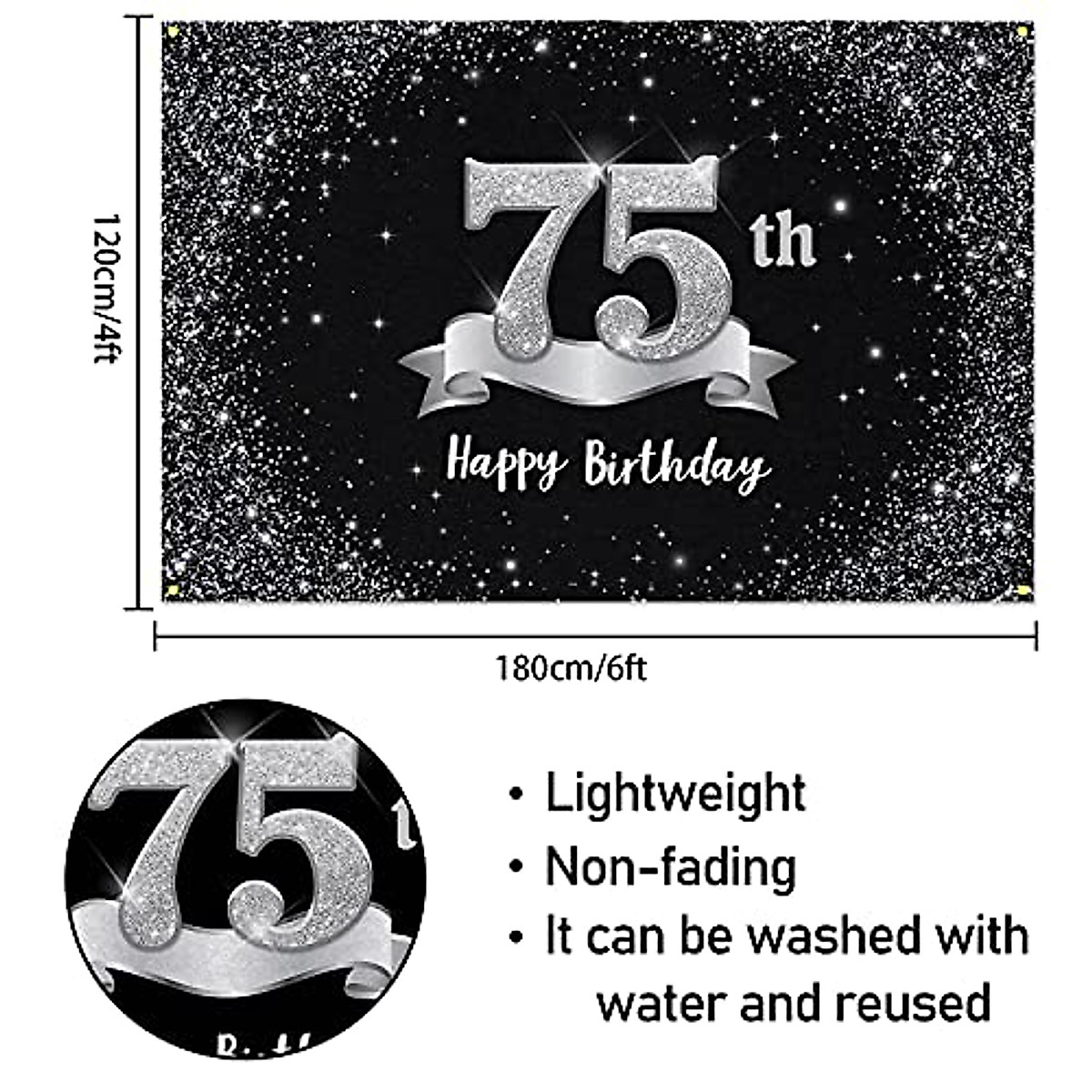 HAMIGAR 6x4ft Happy 75th Birthday Banner Backdrop - 75 Years Old Birthday Decorations Party Supplies for Women Men - Black Silver