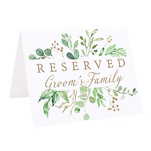 Reserved Wedding Table Sign | Set of 6 Watercolor White and Gold with Eucalyptus Greenery Signs Including Seating for Bride's Family Groom's Family and Wedding Party | Freestanding Double Sided