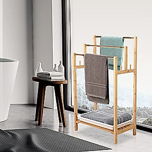 WANLISELL Freestanding Towel Rack Bathroom Bamboo Towel Holder 3 Tier Stainless Steel Stand Organizer for Bathroom, Kitchen, Pool Towel Drying Racks for Outdoor