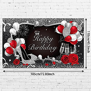 Silver and Black Happy Birthday Backdrop Happy Birthday Banner Red Large Sequin High Heels Champagne Rose Balloons Background for Women Men Party Decorations, 72.8 x 43.3 Inch