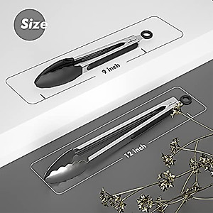 ChefAide Set of 2 Cooking Tongs,18/8 Stainless Steel and Silicone Rubber Grips with 600ºF High Heat-Resistant,Kitchen Utensils,Cooking Utensils for Grill,Salad,BBQ,Frying,Baking,Serving 9/12 inches