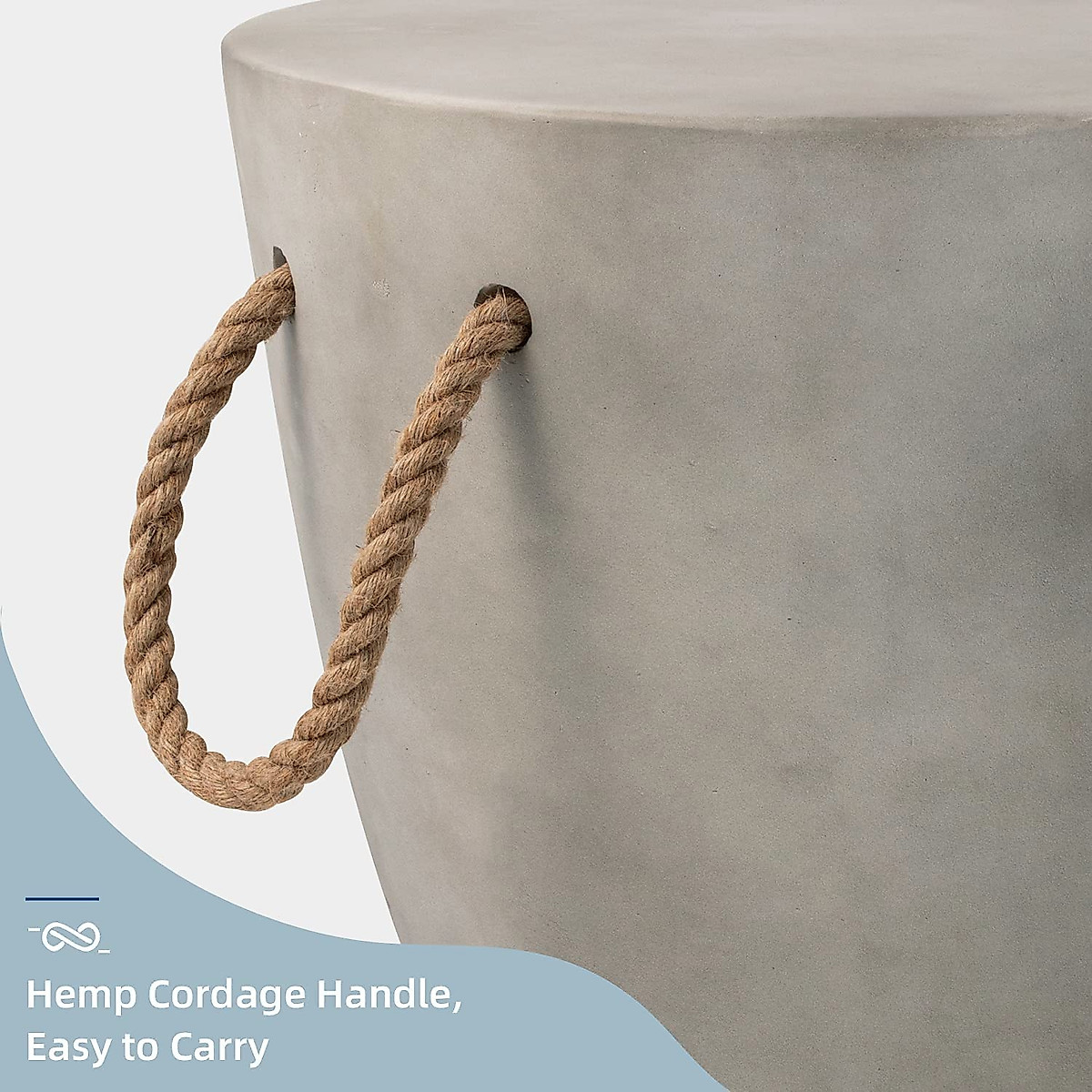 HOMPUS Concrete Outdoor Side Table Drum Accent Light Gray Modern End Table, Round Coffee Table with Rope Handle Garden Stool Decor for Garden, Indoor, Living Room