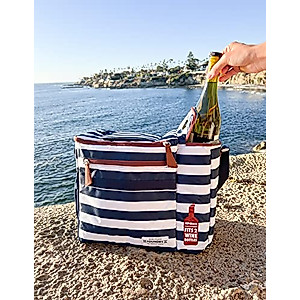 Foundry by Fit + Fresh, Brooks Dual-Compartment Insulated Cooler Bag with Wine Cooler Compartment, Food & Beverage Beach Bag, Picnic Basket, Perfect for Tailgating & Camping Accessories, Navy Stripe