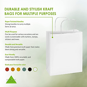 Prime Line Packaging 8x4x10 100 Pack Small White Kraft Paper Shopping Bags with Handles, Business, Boutiques, Retail, Birthdays, Party Favors, Bulk