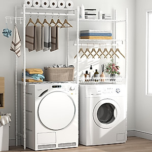 Loomie Over The Washer and Dryer Storage Shelf, Laundry Room Organization Shelves, 5 Tiers Adjustable Height Shelving,Space Saving Drying Organizers Rack with Wire Basket,Haning Hook & 2 Rods,White