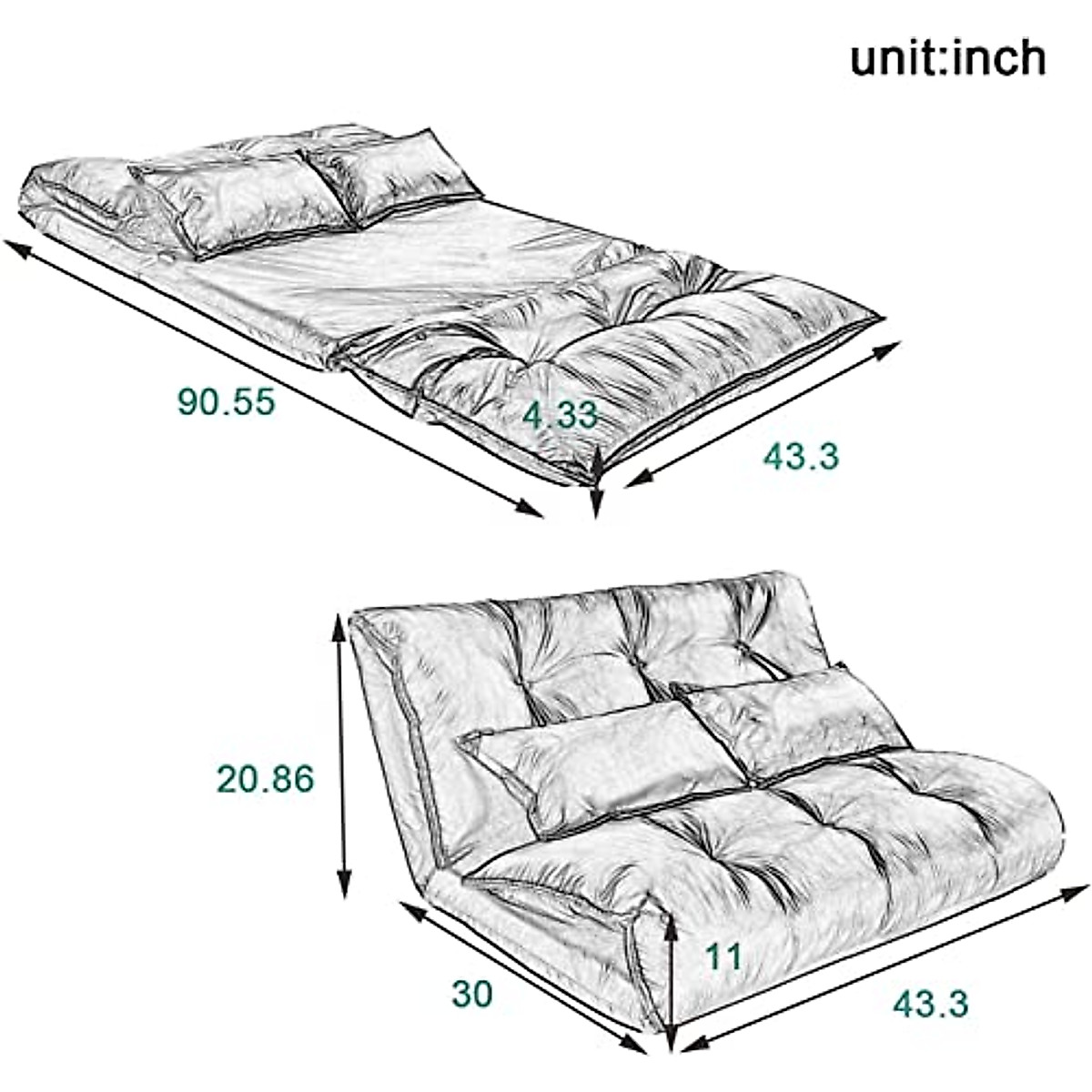 Adjustable Floor Sofa Bed with 2 Pillows , Folding Futon Couch Leisure Lazy Sofa with 5 Reclining Position, PU Floor Sofa for Reading or Gaming in Bedroom/Living Room/Balcony,Black