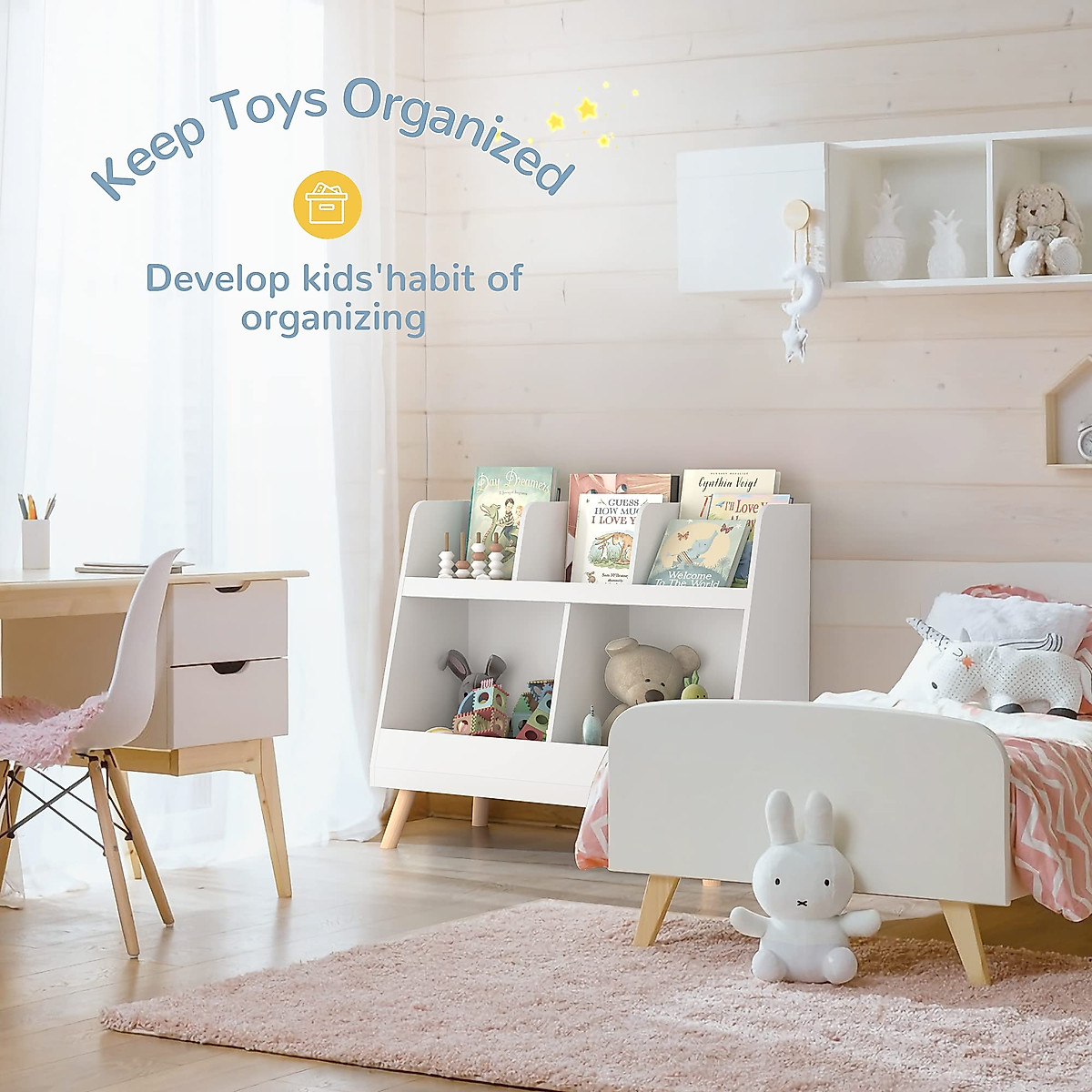 Curipeer Kids Bookshelf and Toy Organizer, 5 Cubbies Wooden Open Bookcase, 2-Tier Baby Storage Display with Legs, Free Standing Bookshelf for Playing Room, Bedroom, Nursery, Classroom, White