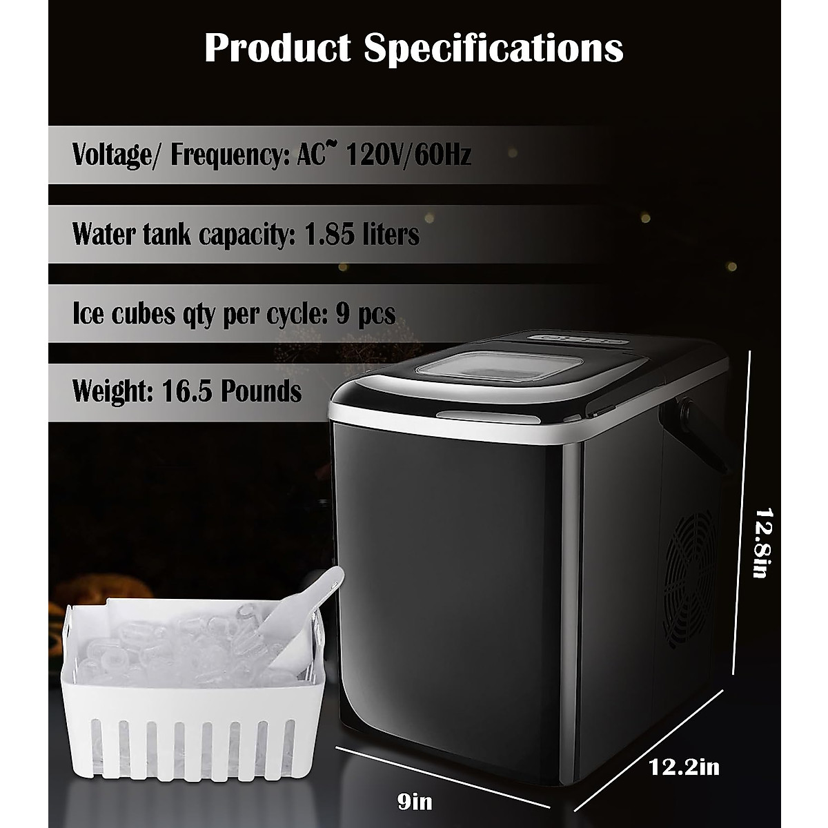 EVAMOKE Ice Makers Countertop with Handle, Nugget Ice Cubes Ice Machine with Basket and Ice Scoop, Portable Ice Maker 9 Cubes Ice Black Mini Bullet Ice Maker Small, Ice Maker for Home&Kitchen&Office
