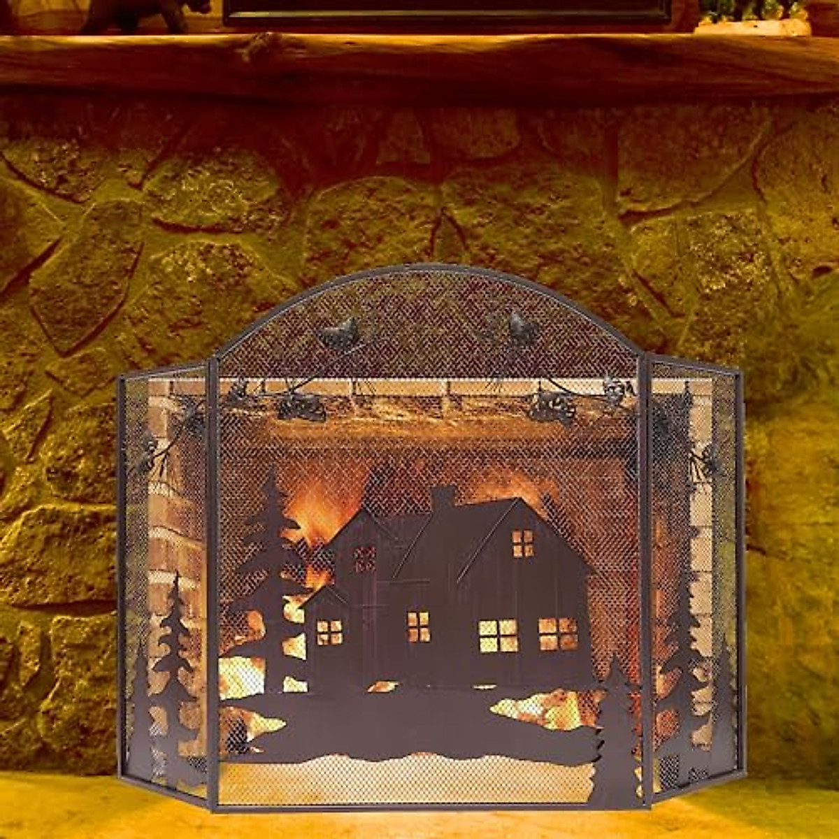 BestGiftEver 3-Panel Fireplace Screen Decorative with House Cabin Lodge Pine Cone Design - Stand Alone Fireplace Cover Metal Mesh Screen - Home Decorative Firescreen forRustic Western Country Style