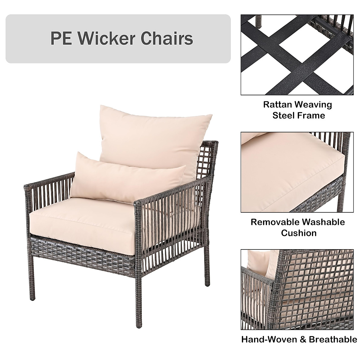 LOKATSE HOME 2 Piece Patio Dining Club Chairs Wicker Rattan Furniture Thick Cushion Seat, Beige