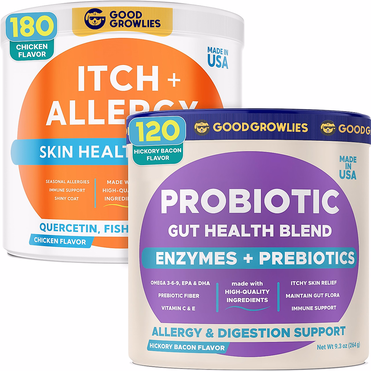 Dog Allergy + Probiotic Bundle - Anti-Itch Skin & Coat Supplement + Gut Health & Digestive Support - Omega 3 Fish Oil & Probiotics - Itching&Paw Licking + Upset Stomach Relief - 300 Chews -Made in USA