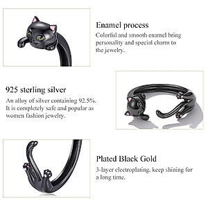 WKLQLQ Cat Rings Women Sterling Silver Adjustable Black Ring Cute Cat Ring Black Cat Ring a Gift for Cat Lovers