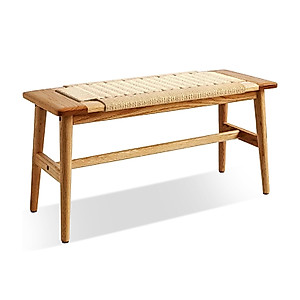 Hymus 32" L 100% FAS Oak Wooden Bench Indoor - Solid Wood Rope Woven Entryway Bench, Dining Bench, Boho Furniture for Entryway, Dining Room, Bedroom, Kitchen (Natural)