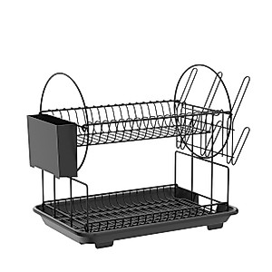 GSlife Small Dish Drying Rack - 2-Tier Dish Rack with Drainboard, Utensils Holder, Glass Holder for Kitchen Counter, Tiered Dish Drainer for Small Space, Black