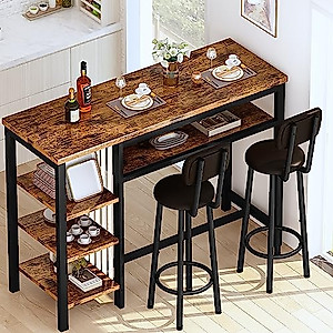 Recaceik Bar Dining Table Set, Modern Bar Table and Stools for 2, Kitchen Counter Height Dining Table Set with 4 Storage Shelves, PU Upholstered Stools Breakfast Nook Set Pub Table with Backrest
