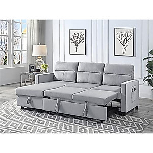 BOWERY HILL Light Gray Velvet Reversible Sleeper Sectional with Storage Chaise