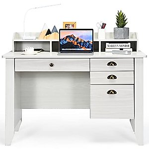 GLOBALWAY 2 Tier Shelves, Study and Writing Three Side, Laptop Table with a Smooth Slide-Out Long Drawer, for Home &Office Computer Desk, White