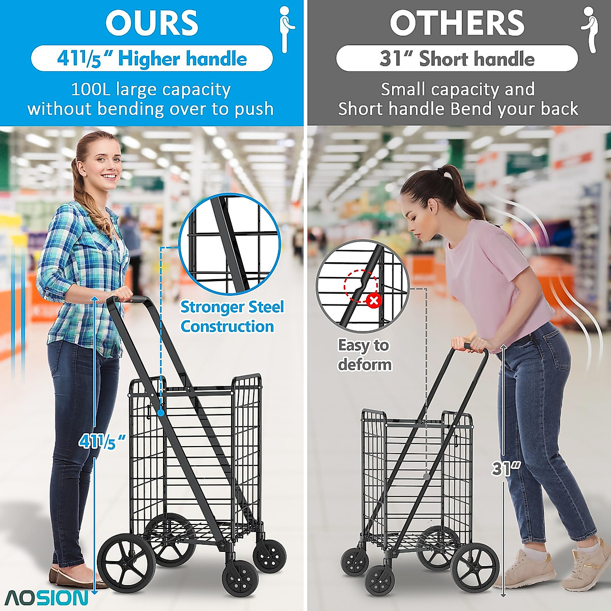 AOSION Folding Shopping Carts for Groceries,220lb,Grocery Cart with 360° Rolling Swivel Wheels, Collapsible Rolling cart,Portable Utility Cart with Shopping Liner for Laundry Luggage Office
