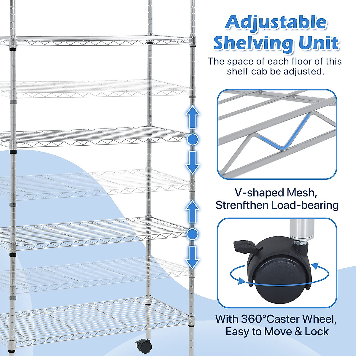 Dkelincs Wire Shelving Unit 30''L×14''W×60''H NSF Metal Storage Shelves 5 Tier Height Adjustable Wire Shelf with 4 Wheels for Kitchen Office Pantry Bathroom Garage, Chrome