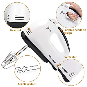 Showvigor Handmixer Electric Handheld - 7 Speed Portable Kitchen Mixer Electric with 5 Stainless Steel Accessories Whisk, Food Beater for Whipping Mixing Cookies Cakes Eggs Dough