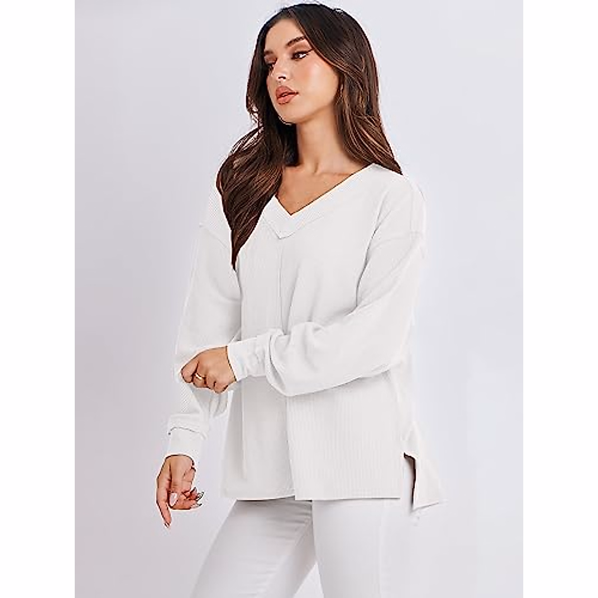 ANRABESS Women Long Sleeve Fall Shirt V Neck Off Shoulder Sweatshirt Ribbed Knit Pullover Sweater Loose Fit High Low Tunic Tops 2023 Trendy Clothes A1069baise-M White