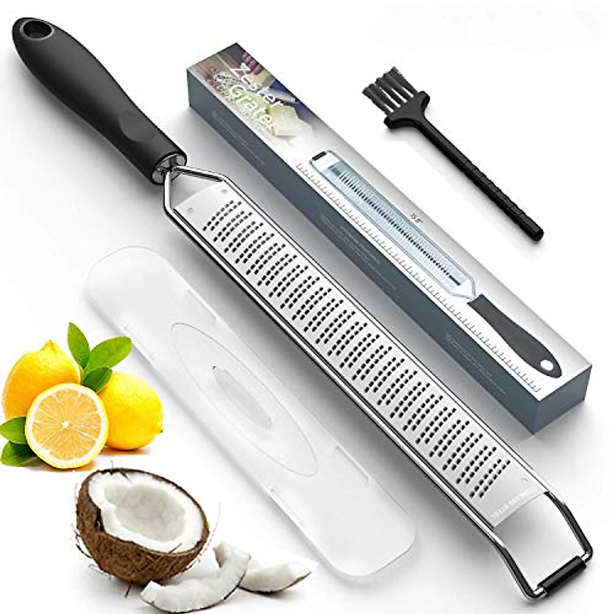 Lemon Zester & Cheese Grater – A Sharp Kitchen Tool for Parmesan, Ginger, Garlic, Nutmeg, Chocolate, Vegetables, Fruits - Stainless steel, Black