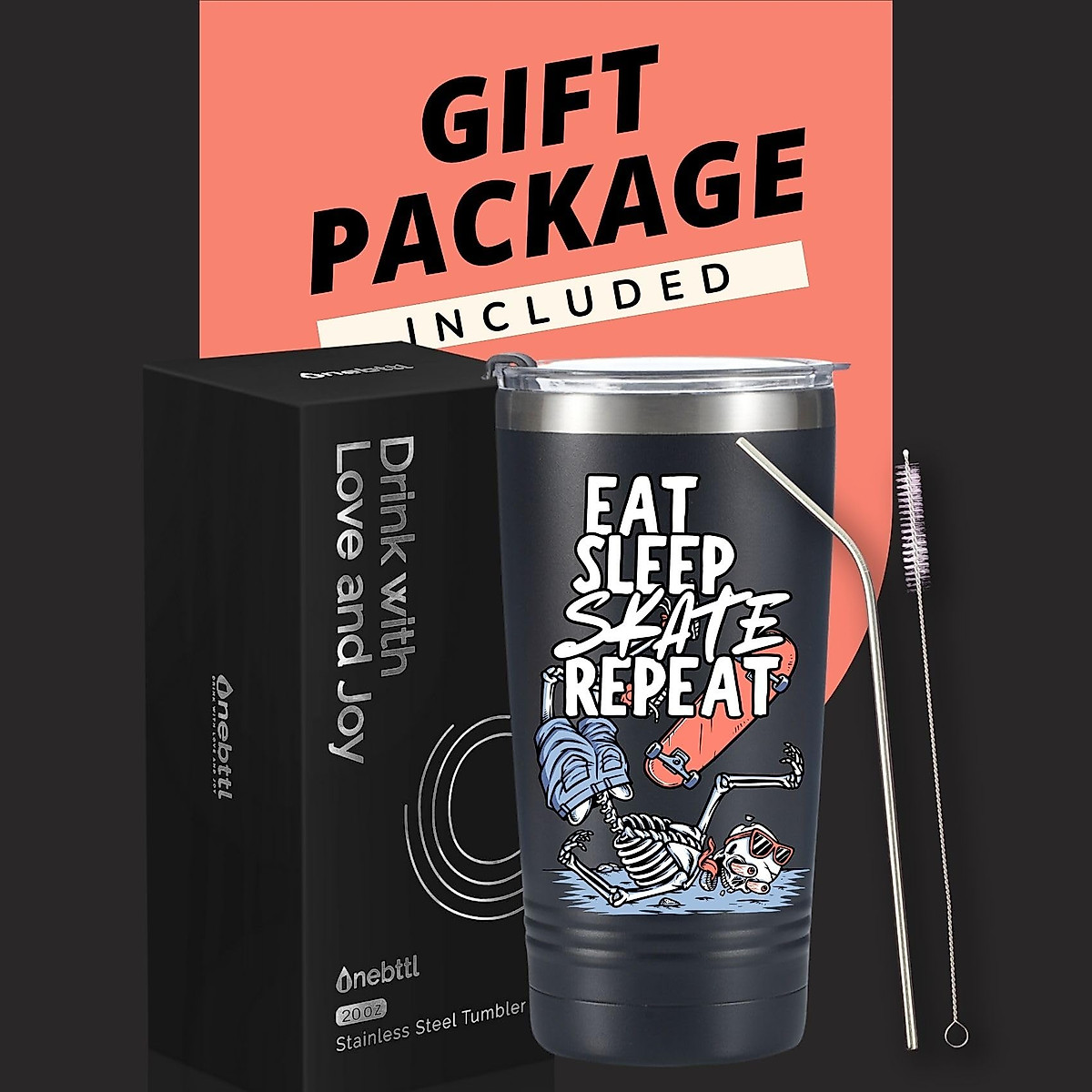 Onebttl Skateboard Gifts, Skateboarding Coffee Travel Mug for Skating Lovers, Men, Women, Daughter - Stainless Steel 20Oz Tumbler