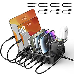 Charging Station for Multiple Devices,75W 6 Port Charger Station with 3 Powerful 20W PD USB-C Ports,7 Charging Cables,USB Charging Dock Compatible with iPhone iPad,Tablets Android