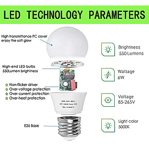 A15 Led Bulb, E26 Base Appliance Light Bulb, 6W(60 Watt Incandescent Equivalent), Ceiling Fan Light Bulbs, 550 LM, Small Lightbulbs, Non-Dimmable, 5000K Daylight, 6 Packs