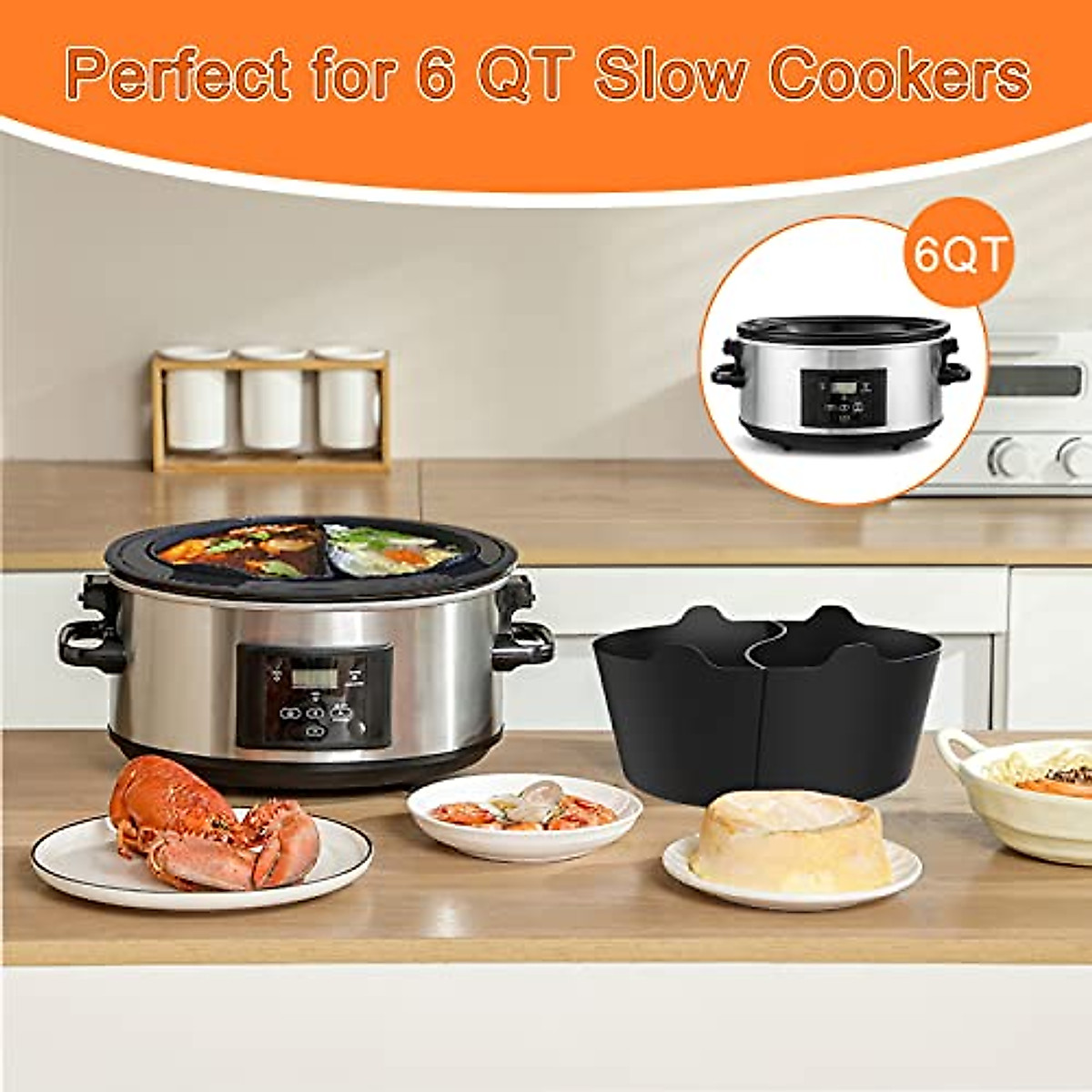 KSUYICA Crock Pot Divider Insert Silicone, Slow Cooker Dividers Silicone Liners Fit 6-8 Qt Crockpots, Reusable BPA Free Leakproof crock pot liner Accessories Cooking Liner for Most Slow Cooker (Black)