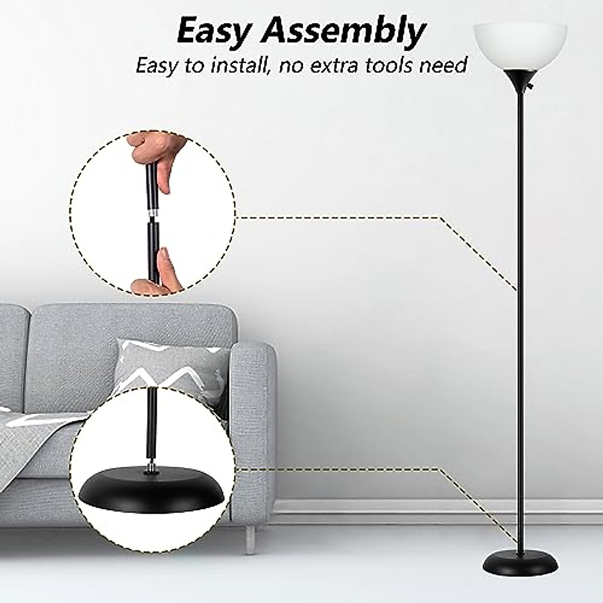 Floor Lamps for Living Room, Dimmable LED Modern Simple Standing Lamp, Tall Lamps for Bedroom Office Dining Room Kitchen, Minimalist Black Pole Lamp with Rotary Switch, 9W LED Bulb Included