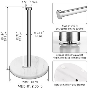 HESHIBI Paper Towel Holder Countertop with 7" Weighted White Marble Base,Modern Free Standing Paper Roll Holder, Brushed Nickel Finish Stainless Steel Stand Paper Towel Holder for Kitchen and Bathroom