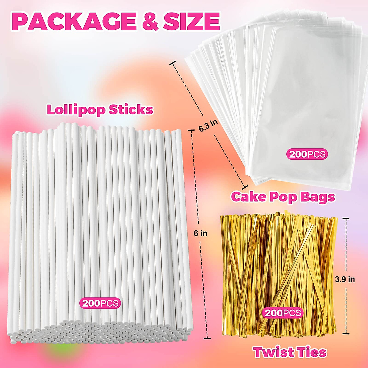 600Pcs Lollipop Stick, 6IN Cake Pop Sticks with Clear Treat Bags & Gold Twist Ties, Cake Pops Making Tools for Lollipops, Candies, Chocolates Cookies (A)