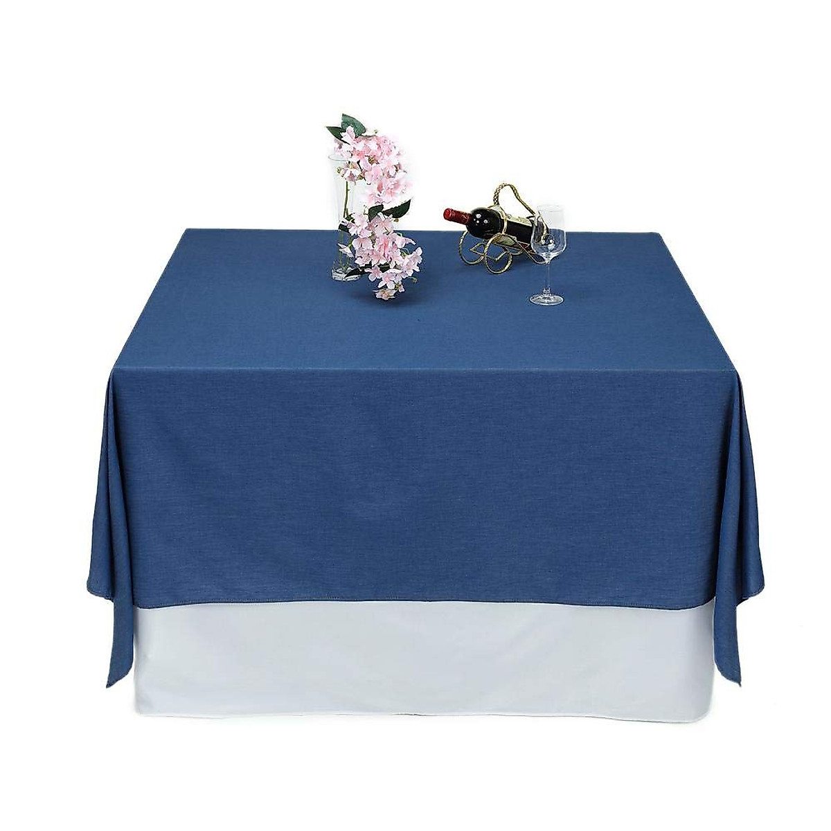 Tableclothsfactory 85" x 85" Dark Blue Faux Denim Polyester Table Overlays Square Tablecloth Cover for Wedding Party Event Banquet