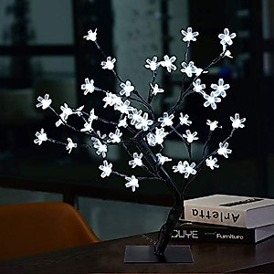Lxcom Lighting LED Cherry Blossom Bonsai Tree 18” 48 LEDs Plug-in Desk Top Bonsai Lighted Tree Artificial Crystal Flower Light Table Lamp Adjustable Black Branches for Party Wedding Home Decor, White