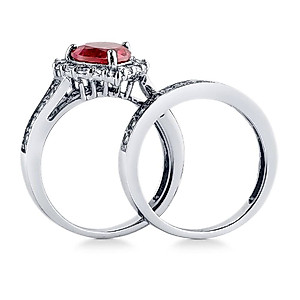 BERRICLE Sterling Silver Halo Wedding Engagement Rings Simulated Ruby Cubic Zirconia CZ Statement Heart Ring Set for Women, Rhodium Plated Size 8