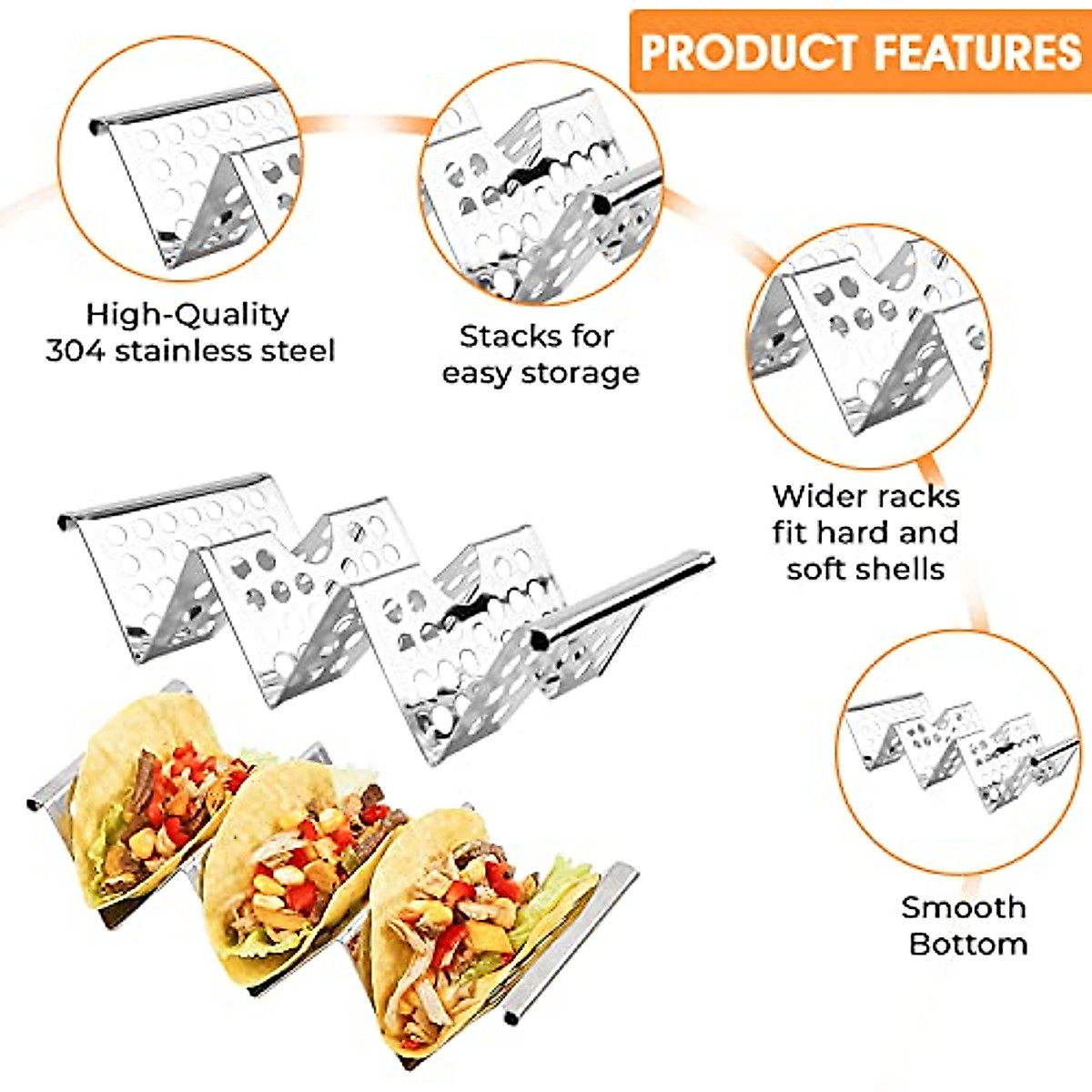 ORIGENUIN Set of 4 Premium Stainless Steel Taco Holder Racks | Taco Holder Plate Shell Stands, Stylish Taco Tray Easy Filling & Serving | Grill-Oven, Dishwasher Safe