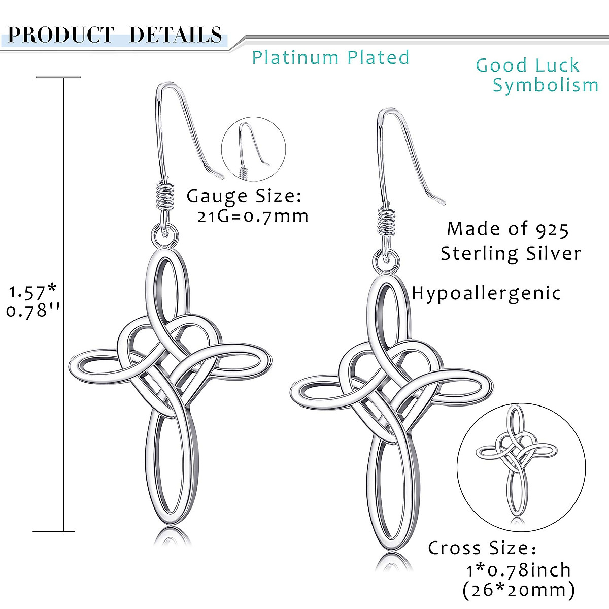 Sllaiss Sterling Silver Celtic Knot Cross Dangle Earrings White Gold Plated Good Luck Vintage Cross Drop Earrings Irish Jewelry (Silver)