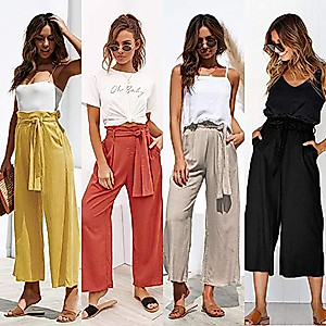 ECOWISH Palazzo Pants for Women: Wide Leg Flowy Polka Dot Work Pants Pockets High Waist Business Belt Striped Trousers Loose Yellow Medium