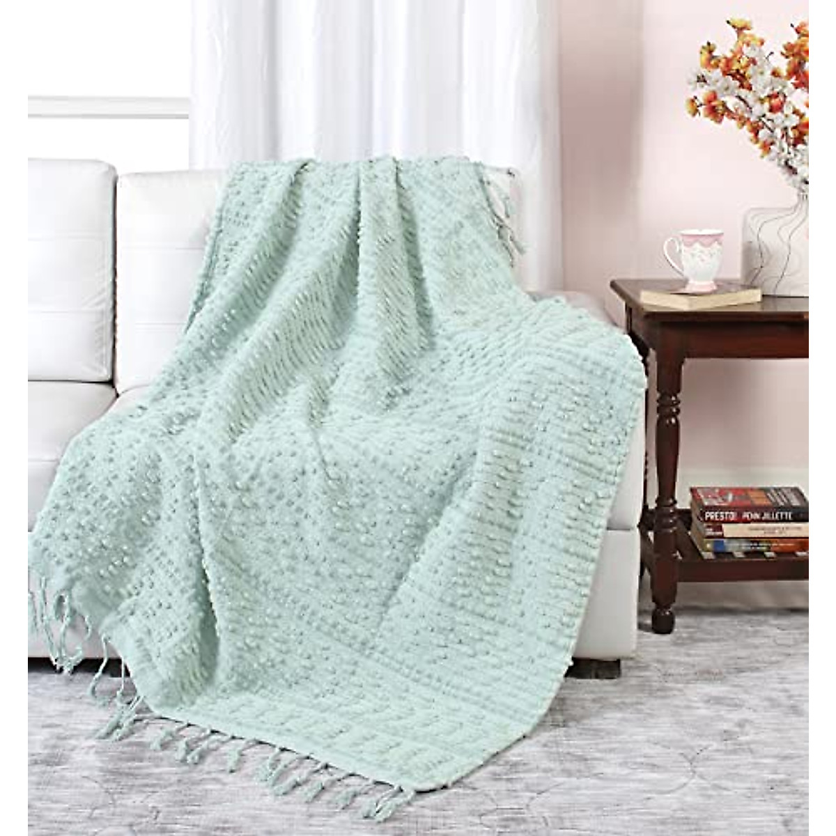 ACCENTHOME Cotton Throw Blanket with Tufted Decorative Design | 50''X60'' Cozy Chenille Knit Lightweight Boho Chic Blankets | Sage Soft Fringe Tassel Blankets for Couch, Bedroom, Living Room Sofa