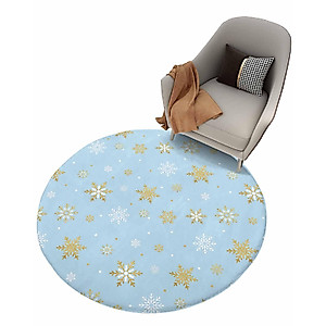 Snowflake Blue Fluffy Round Area Rug Carpets 3.3ft, Plush Shaggy Carpet Soft Circular Rugs, Non-Slip Fuzzy Accent Floor Mat for Living Room Bedroom Nursery Winter Christmas Contemporary Gold White