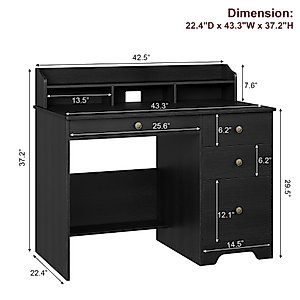 TTVIEW Computer Desk with Drawers and Hutch Shelf, Wood Executive Desk Writing Study Table with 43” Wide Tabletop, Small Desk with File Drawer for Home Office Bedroom, Black