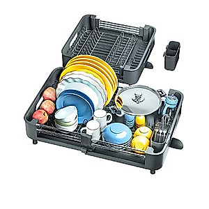 Genteen Dish Drying Rack, Large Dish Drying Rack with Drainboard, Stainless Steel Drying Rack for Kitchen Counter with Swivel Spout Utensil Holder