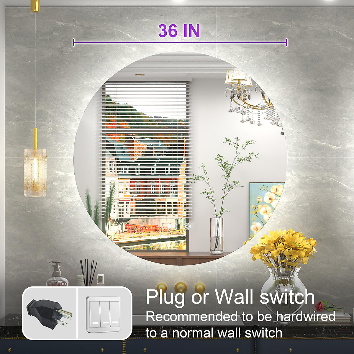 JSneijder 2-Piece LED Bathroom Mirror 36 Inch Backlit Round Mirror & 28x36 Inch Rectangular Framed Mirror, Wall Mounted Dimmable Anti-Fog