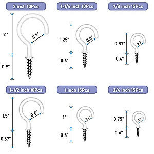 EIENHOSHI Ceiling Hooks, Cup Hooks Screw in Hooks for Hanging, White Vinyl Coated Hooks Kit (2", 1-1/2", 1-1/4", 1'', 7/8", 3/4") -75 Pcs, Small to Heavy Duty