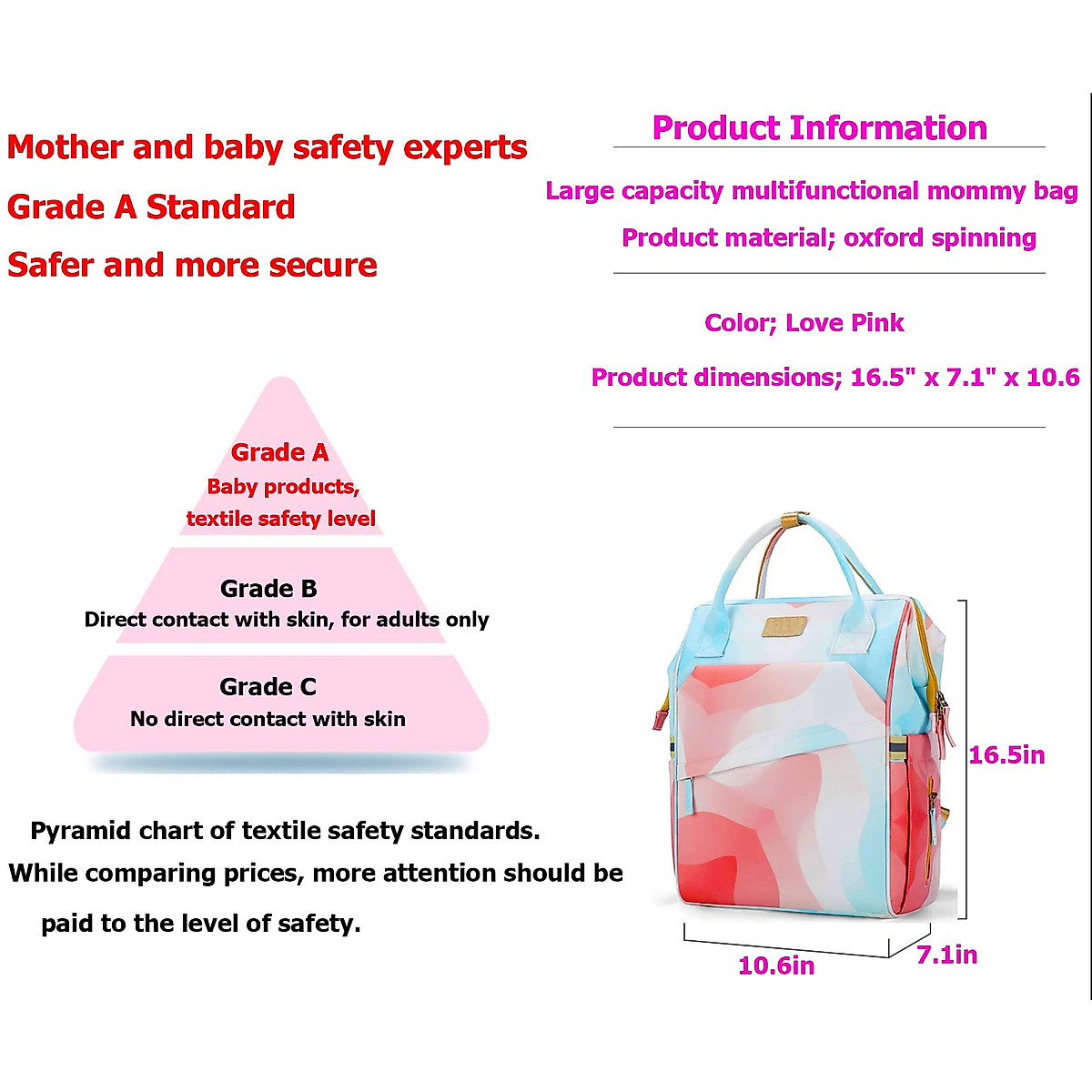 BIGBIGRIVER Diaper Bag Backpack Mom Multifunction Baby Bag Newborn Registry Baby Shower Gifts Essentials Items Diaper Bags Safety Fashion Love Pink